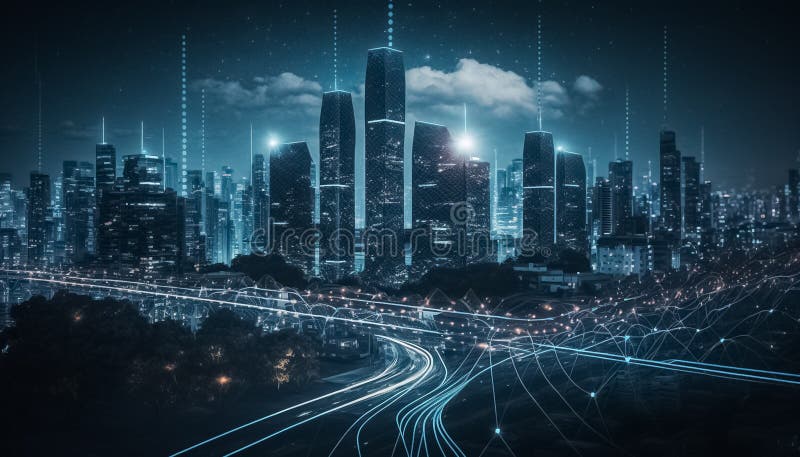 Smart City and Communication Network Concept. Blue Wavy Wires with ...