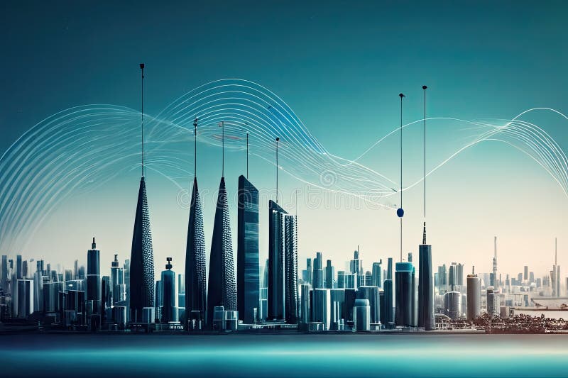 Smart City with Big Data Connection Technology Concept. Wavy Lines Representing Communications ...