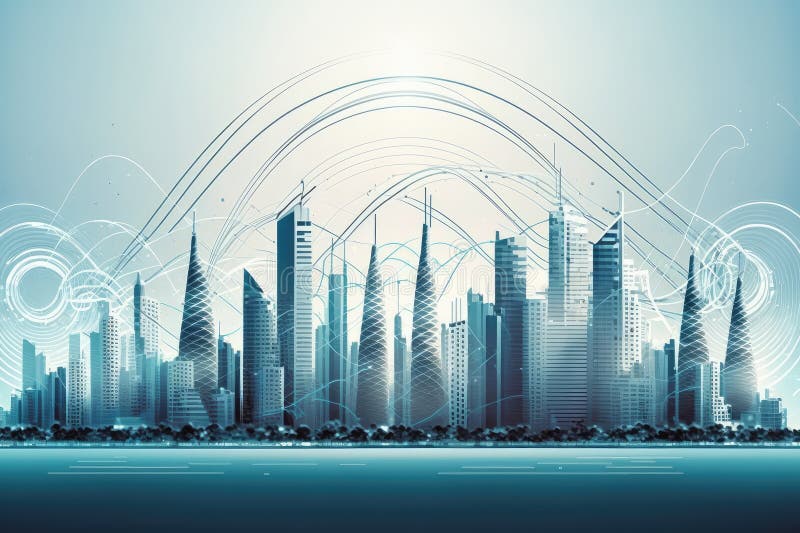Smart City with Big Data Connection Technology Concept. Wavy Lines Representing Communications ...