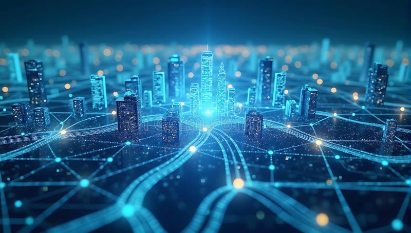 A Smart City Blueprint with Floating Holographic Data Streams and Connected Nodes, Representing ...