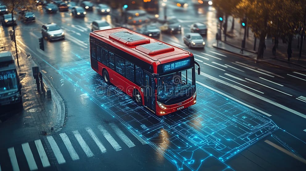 Smart City Bus on a Digital Road Map Stock Illustration - Illustration ...