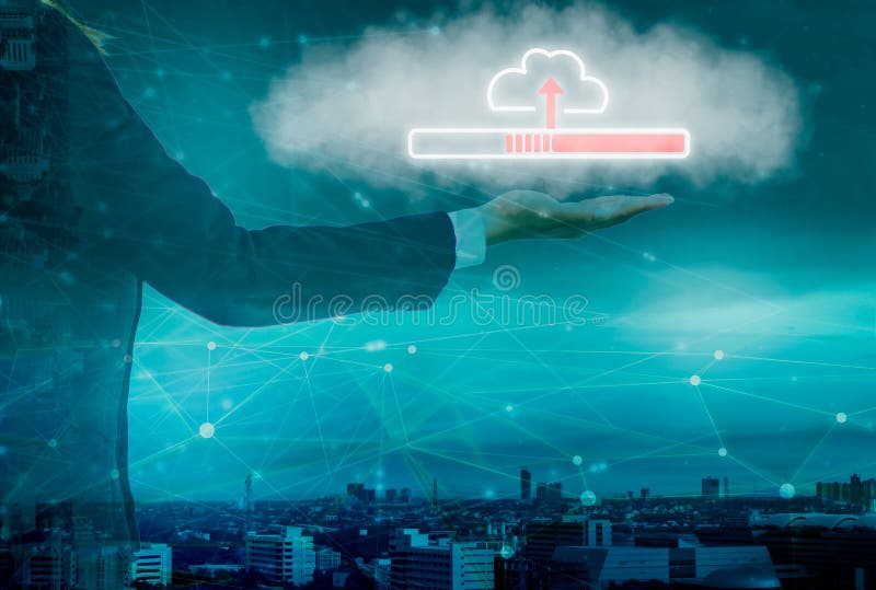 Smart City and Cloud Network, Businesswoman Holding Icon Upload into ...