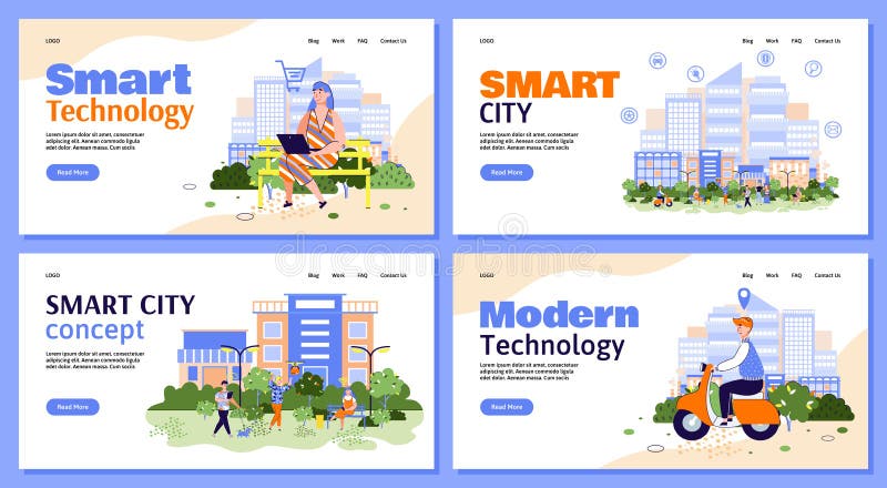 Smart City Urban Technology Website Banners Set, Cartoon Vector ...