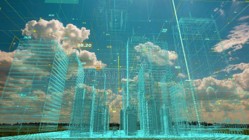 Smart City Aerial Drone Footage Hologram Information Arches Forming ...