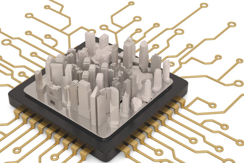 Smart City Concept, CPU with City Isolated on White Background, 3D ...