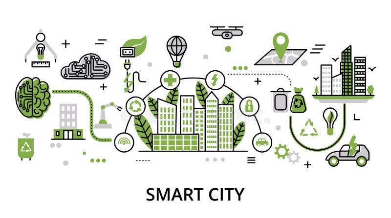 Smart City Concept, Flat Line Design Vector Illustration Stock Vector ...