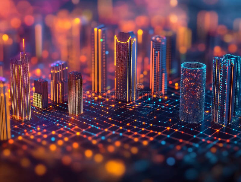 Smart City Concept with Glowing Skyscrapers and Vibrant Lights Stock ...