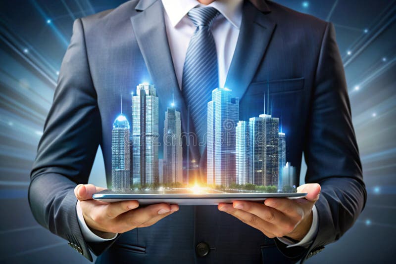 Smart City Concept with Hologram of Buildings Stock Illustration ...