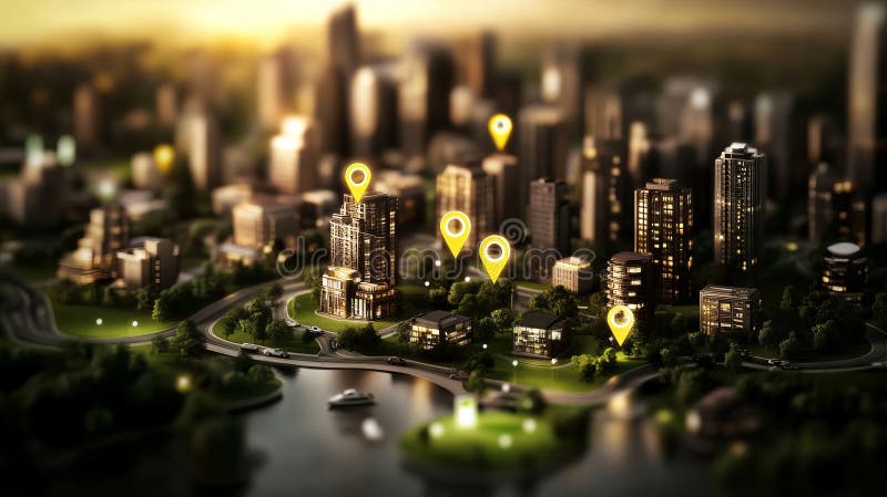 Smart City Concept with Modern Buildings and Location Pins at Sunset ...