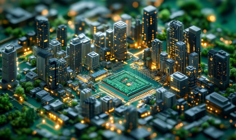 Smart City Concept Represented by a Microchip Surrounded by Buildings ...