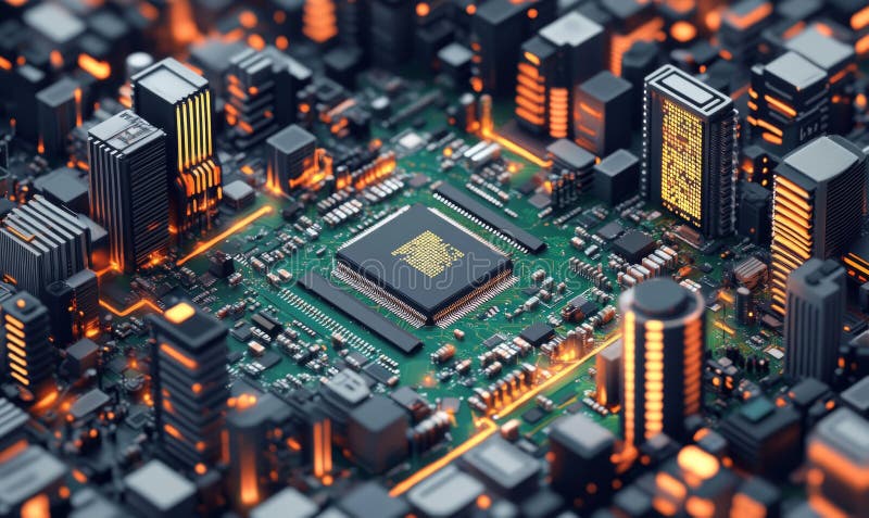 Smart City Concept Represented by a Microchip Surrounded by Buildings ...