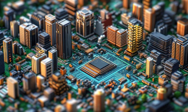Smart City Concept Represented by a Microchip Surrounded by Buildings ...