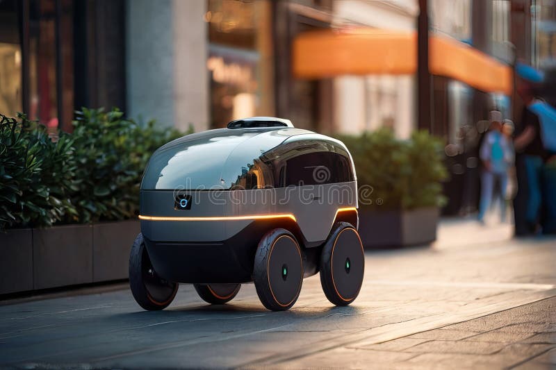 Smart City Concept: Tech Delivery Robot in Modern Pedestrian Zone Stock ...