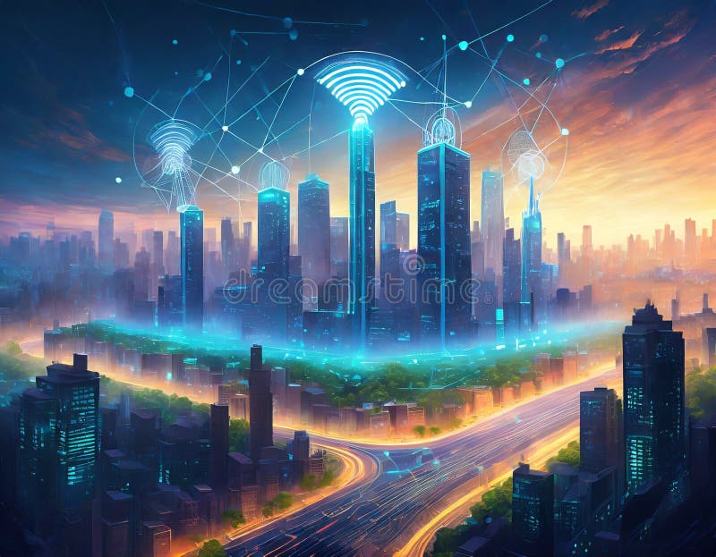 Smart City Concept with Wireless Network Connection Stock Photo - Image ...