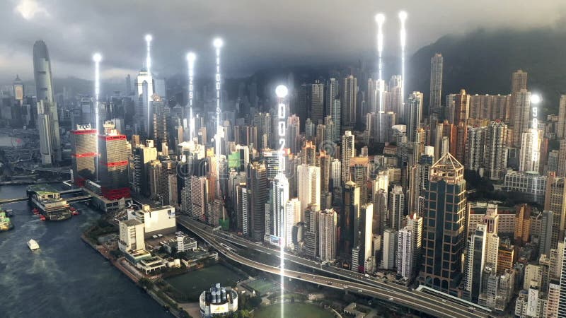 Smart City, Connection and Skyline with Futuristic Network ...