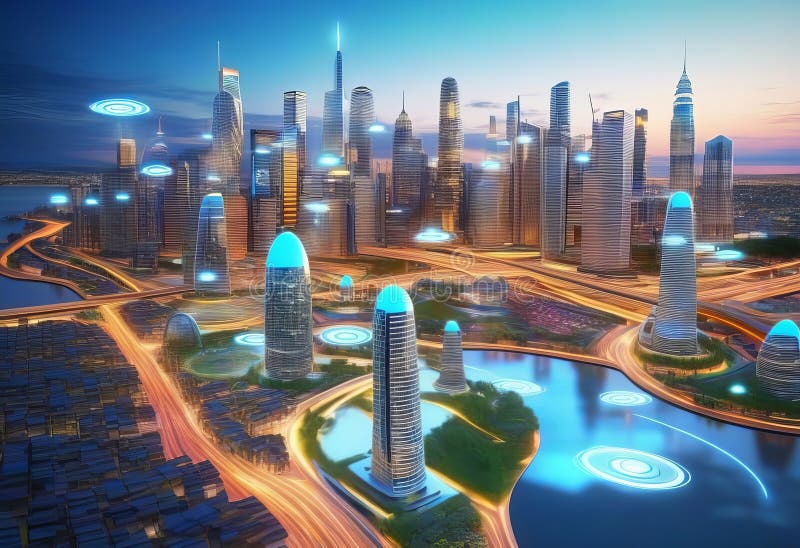 Smart City with 3d Rendering Robot with Development City Stock ...