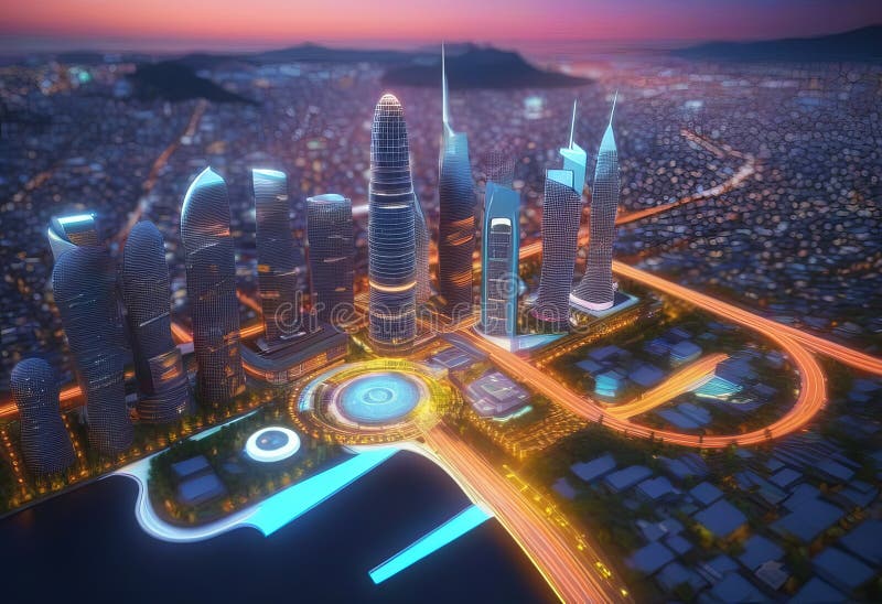 Smart City with 3d Rendering Robot with Development City Stock ...