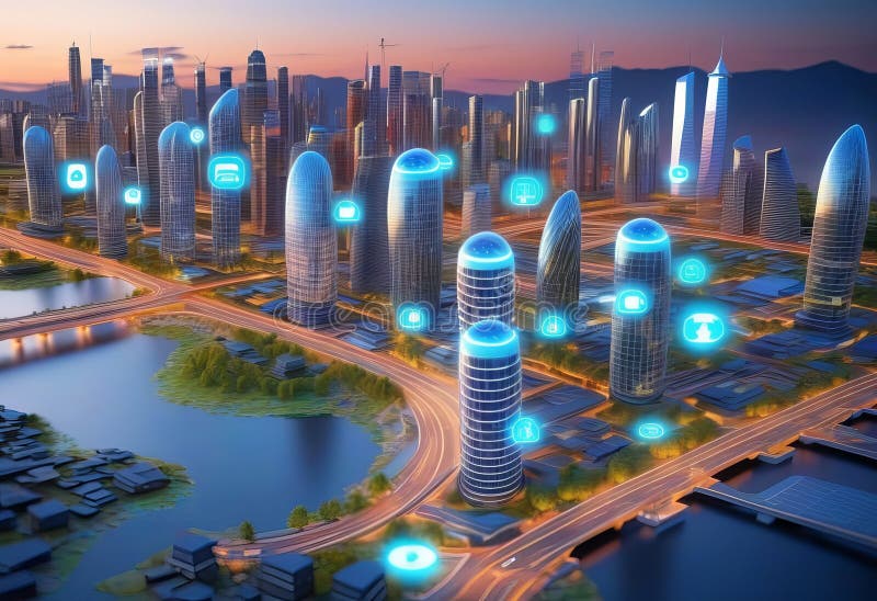 Smart City with 3d Rendering Robot with Development City Stock ...