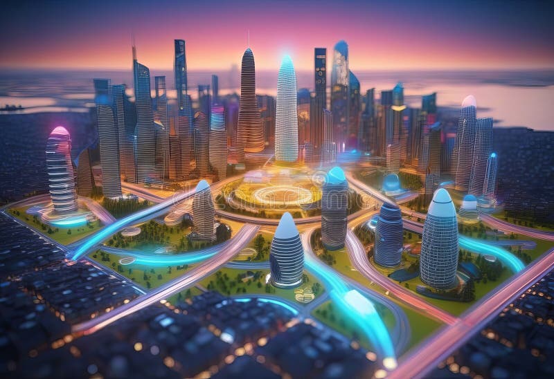 Smart City with 3d Rendering Robot with Development City Stock ...