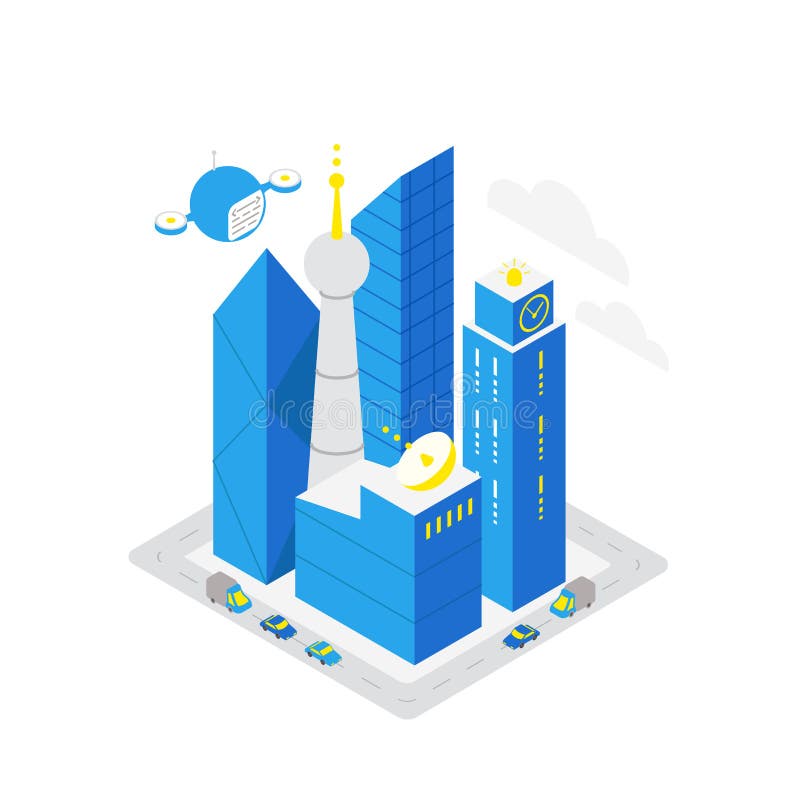 Smart City Data Infrastructure Server Isometric Concept. TV Tower ...