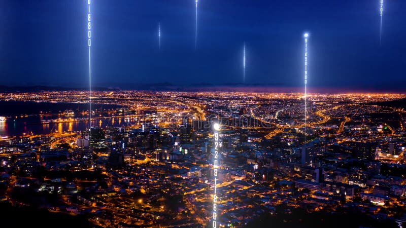 Futuristic Cityscape at Night with Illuminated Skyscrapers and Digital ...