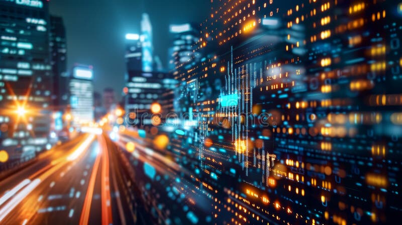 Smart City with Digital Data Overlay Stock Illustration - Illustration ...