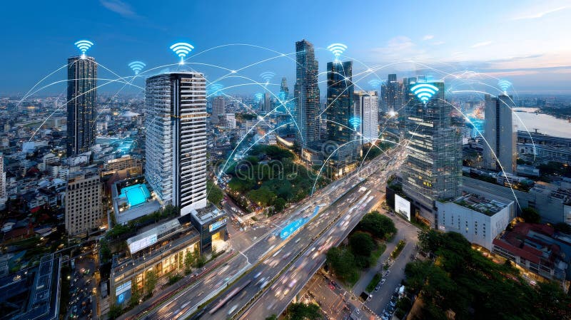 Smart City at Dusk with Digital Connectivity and Skyscrapers Stock ...