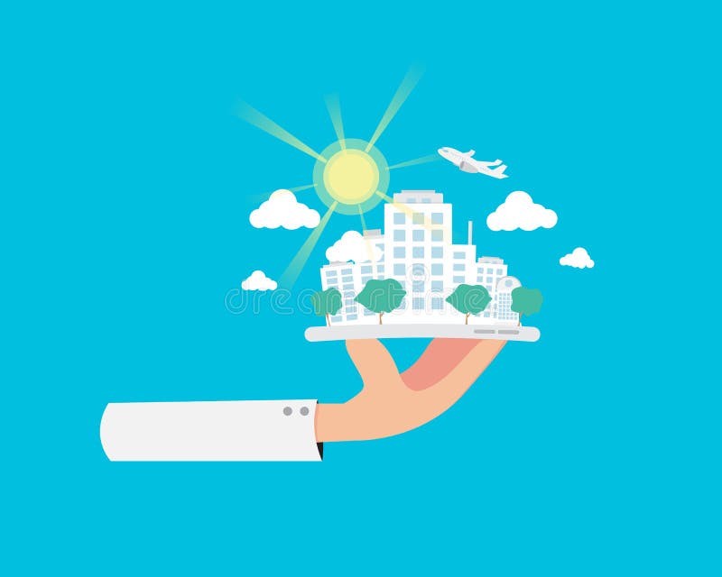 Smart City on Flat Hand. stock vector. Illustration of isolated - 130603842