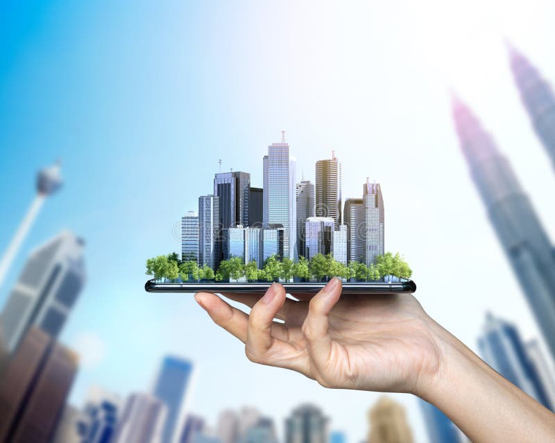 Smart City, Hand and Smartphone. Kuala Lumpur Building Background Stock ...