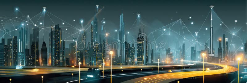 Smart City with Illuminated Roads and Interconnected IoT Devices at Night Showcasing Advanced ...