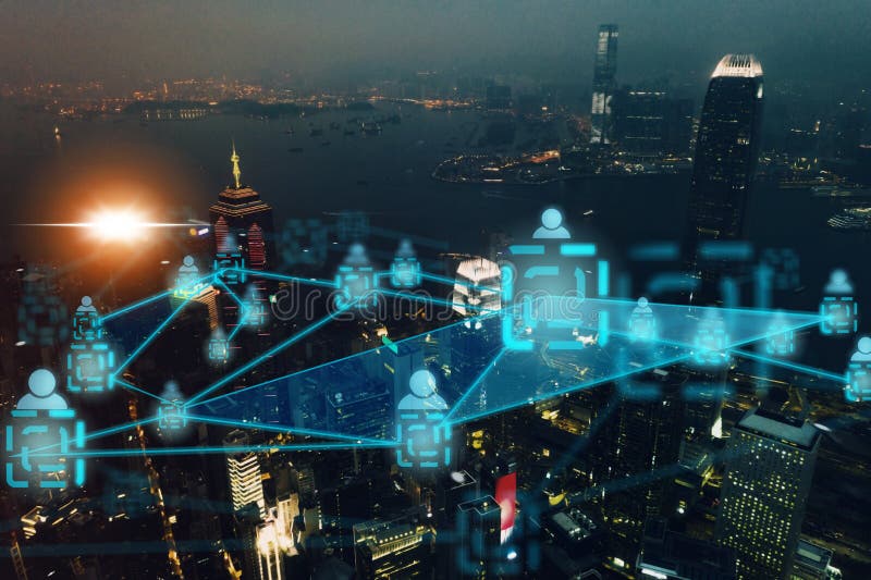 Smart City, Iot Network and Cloud Computing, Night Drone or Aerial View ...