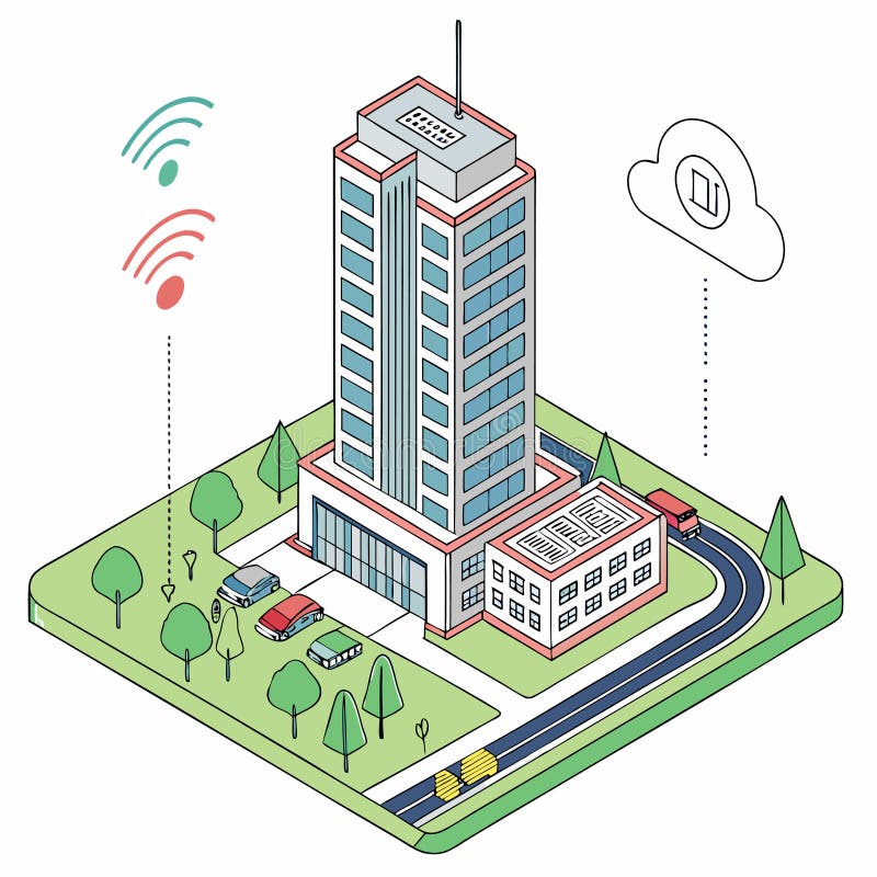 Smart City Isometric Building â€ IoT Cloud Network and Data Connectivity Concept Vector Stock ...