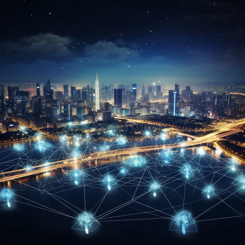 Smart City with Light Connection Design Stock Image - Image of light ...