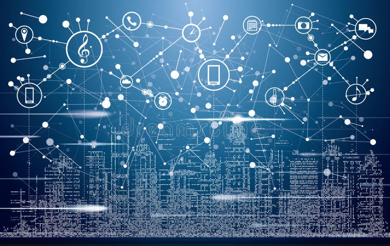 Smart City With Neon Buildings, Networks And Internet Of Things Stock ...