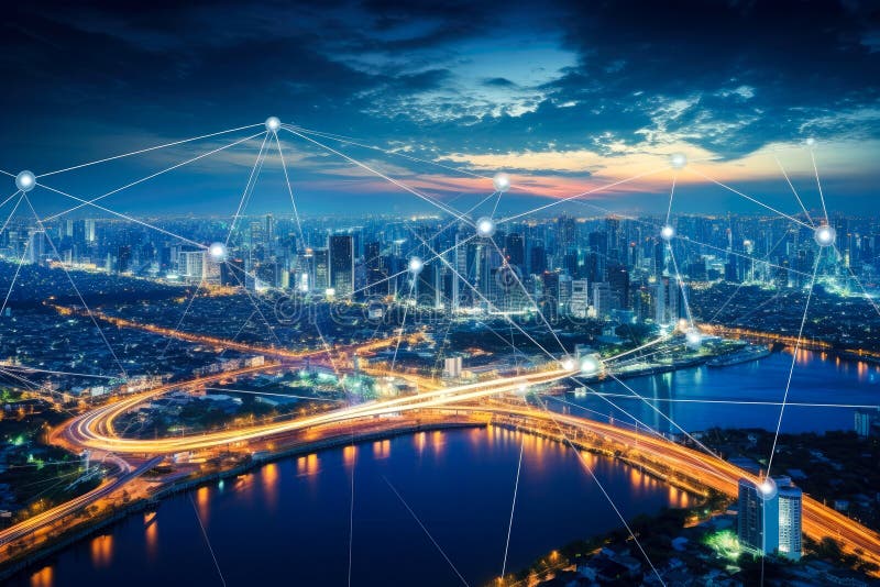 Smart City with Network Connection and Internet of Things (IoT) Concept ...