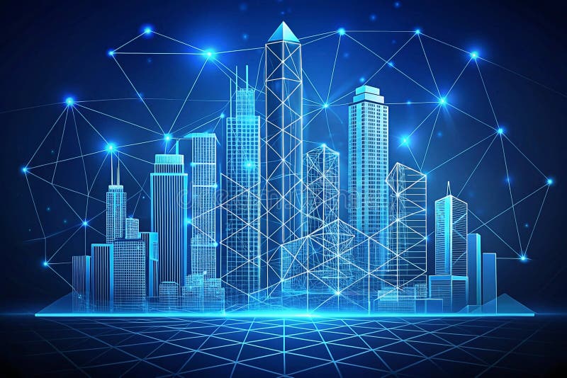 Smart City Network, Digital Cityscape, Glowing Nodes, Futuristic Background, Tech Presentation ...