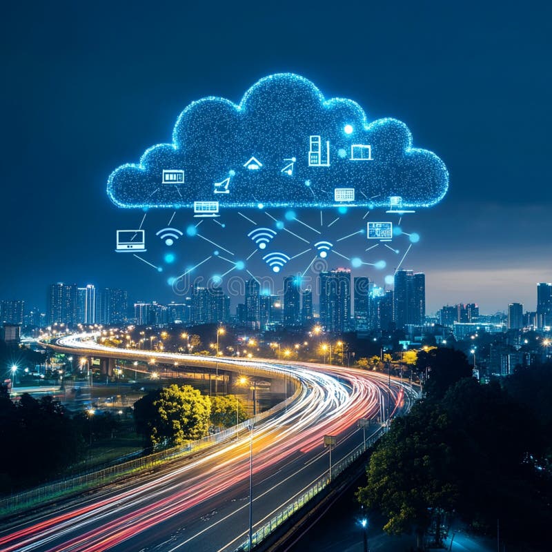 Smart City Network Digital Cloud Computing Technology Innovation Cityscape Highway IoT Data ...