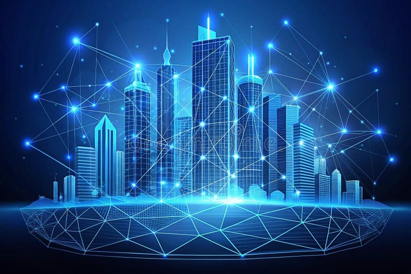 Smart City Network Glowing at Night Stock Illustration - Illustration of skyscraper, digital ...