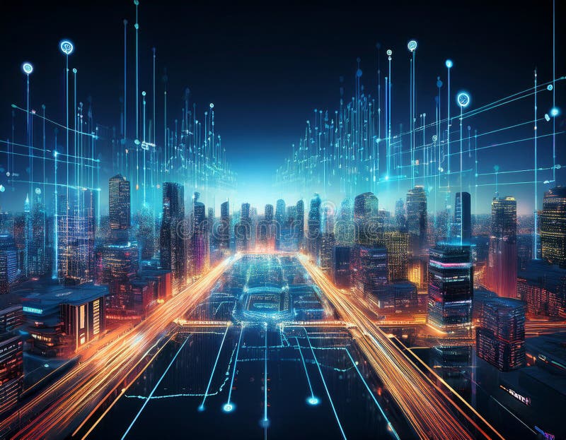 Smart City at Night with Data Overlay Stock Illustration - Illustration ...