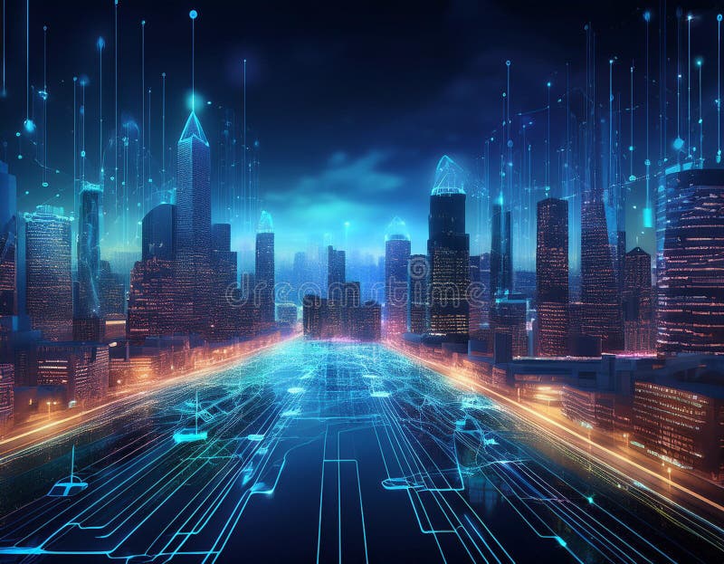 Smart City at Night with Data Overlay Stock Illustration - Illustration ...