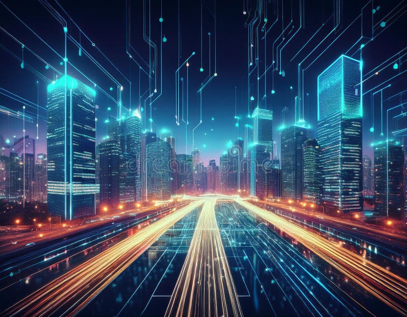 Smart City at Night with Data Overlay Stock Illustration - Illustration ...