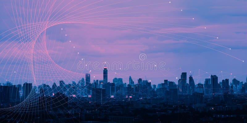 Smart City in Night with a Digital Network of Interconnected Nodes.cloud Computing Cyberspace ...