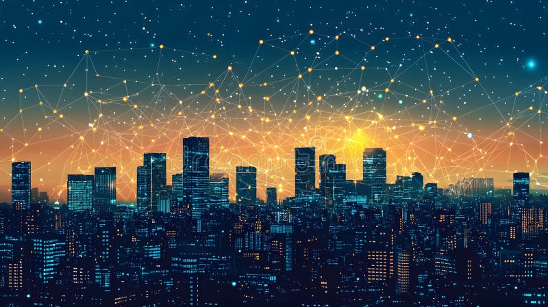 Smart City at Night Illuminated Skyline with Network Connections AI ...
