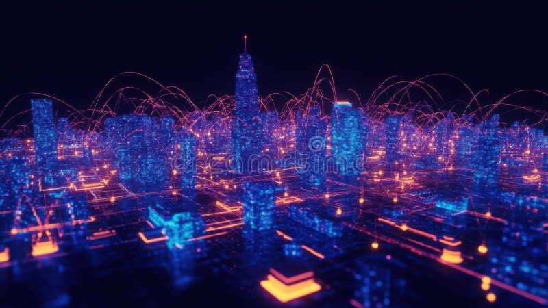 Smart City at Night with Interconnected Grids, Vibrant Holographic ...