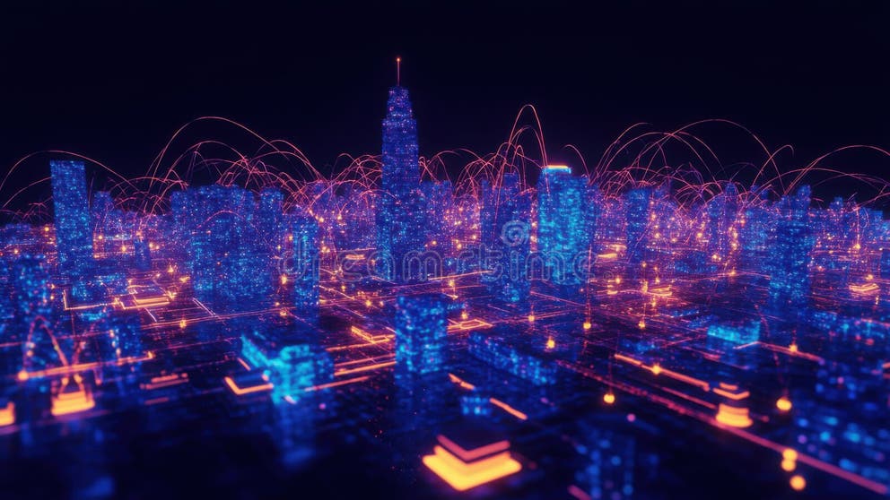Smart City at Night with Interconnected Grids, Vibrant Holographic ...