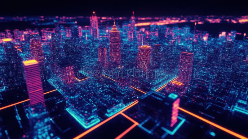Smart City at Night with Interconnected Grids, Vibrant Holographic ...