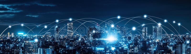 Smart City Skyline at Night with 5G Connectivity and Communication ...