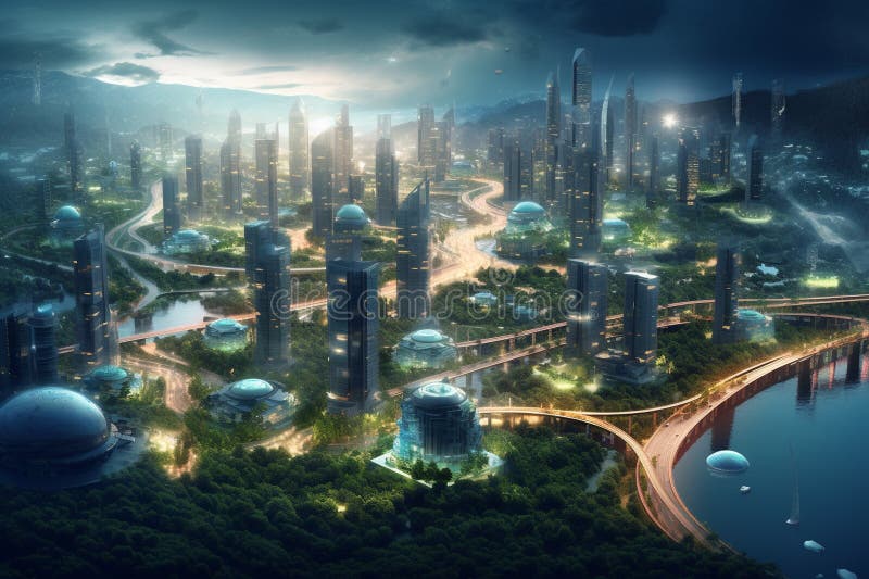Smart City with Solar Panels and Wind Turbines at Night. 3D Rendering ...