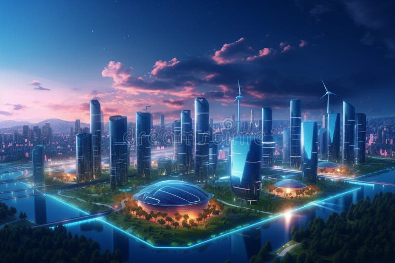 Smart City with Solar Panels and Wind Turbines at Night. 3D Rendering ...