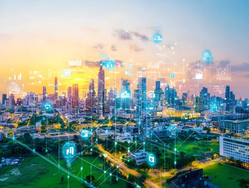 Smart City Sunset Skyline, Data Network, Technology Stock Illustration ...